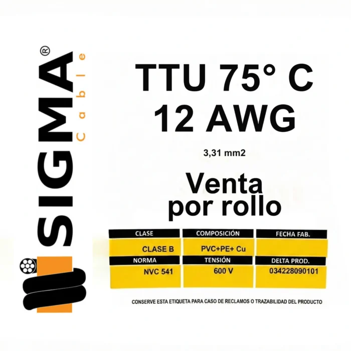 Cable TTU Calibre 12 AWG Negro, 75°, Rollo 100m, Sigma — ElectriCaracas